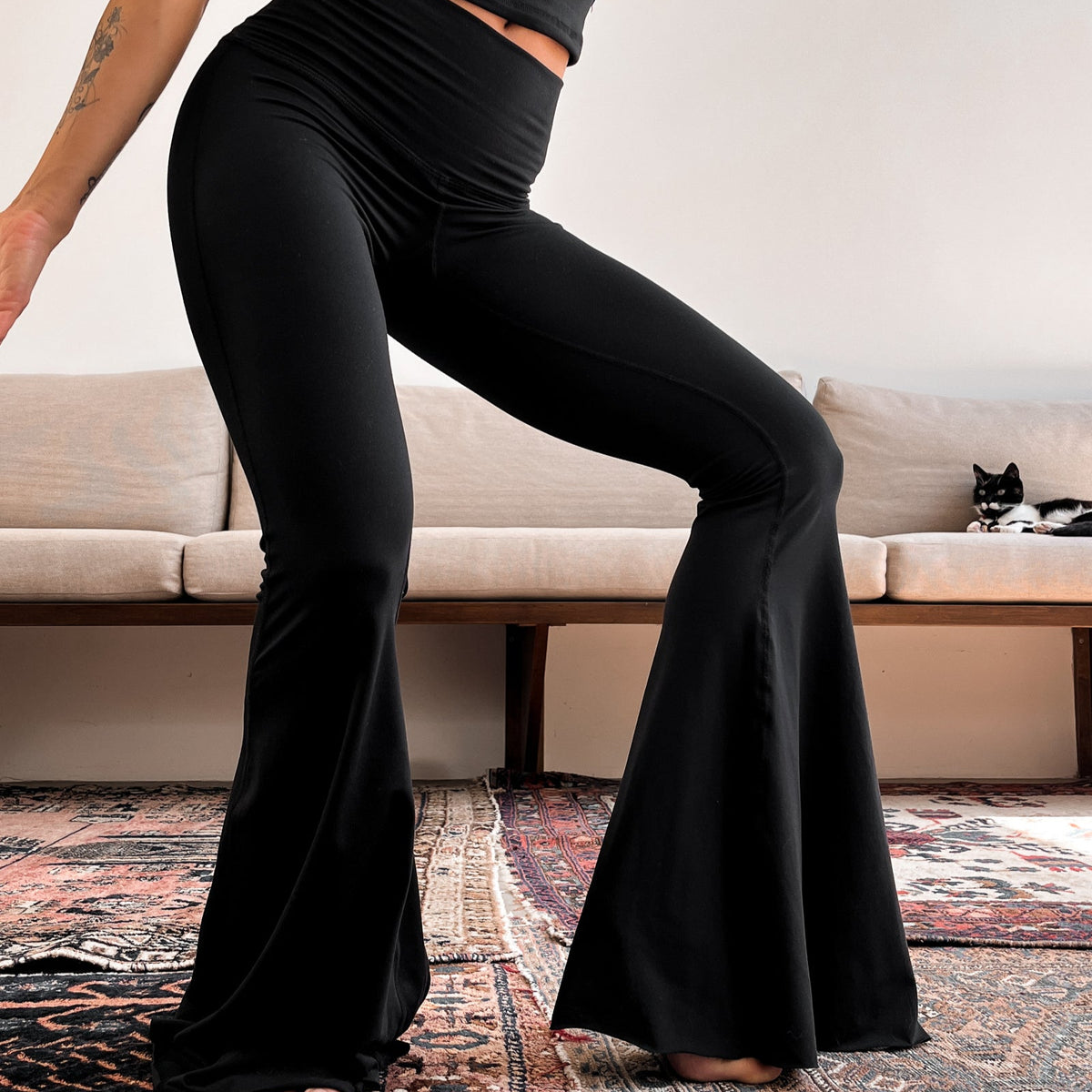 Women's Crop Bell Bottoms – Solid Black Flare Bellbottom for Yoga ...